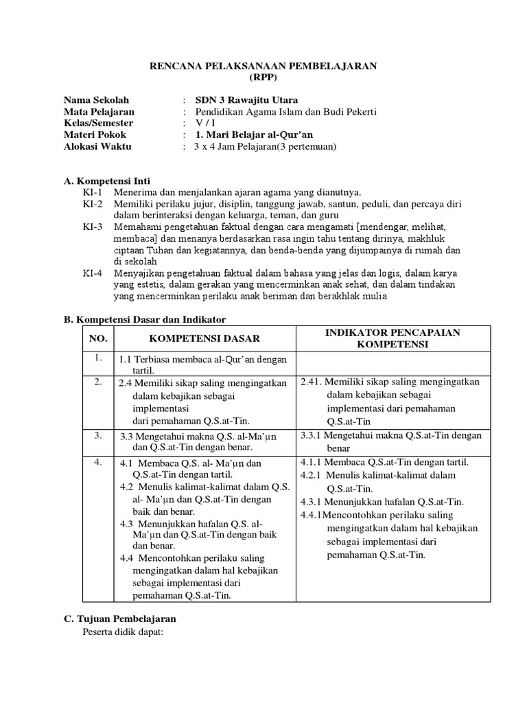 Contoh RPP Mapel Pai - Tahsin - Tahfidz - Doa | PDF