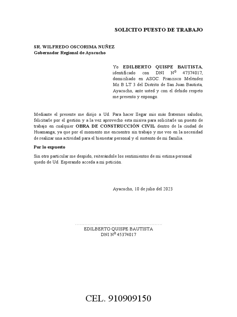 Solicito Puesto de Trabajo | PDF
