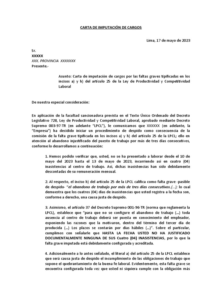 Carta de Imputación de Cargos | PDF | Derecho laboral | Gobierno