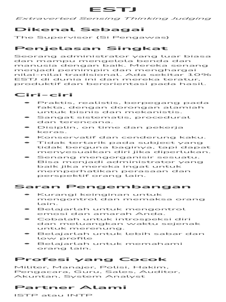 Ciri dan Karakter ESTJ dalam MBTI | PDF