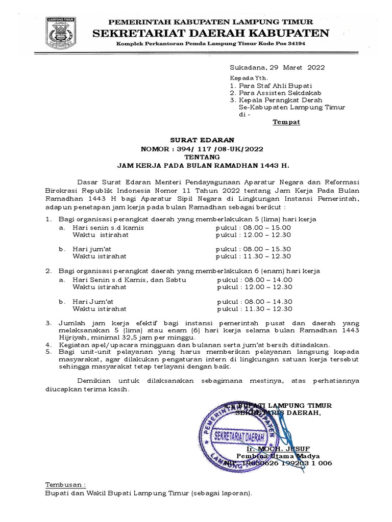 Se Jam Hari Kerja Pada Bulan Ramadhan 1443 H | PDF