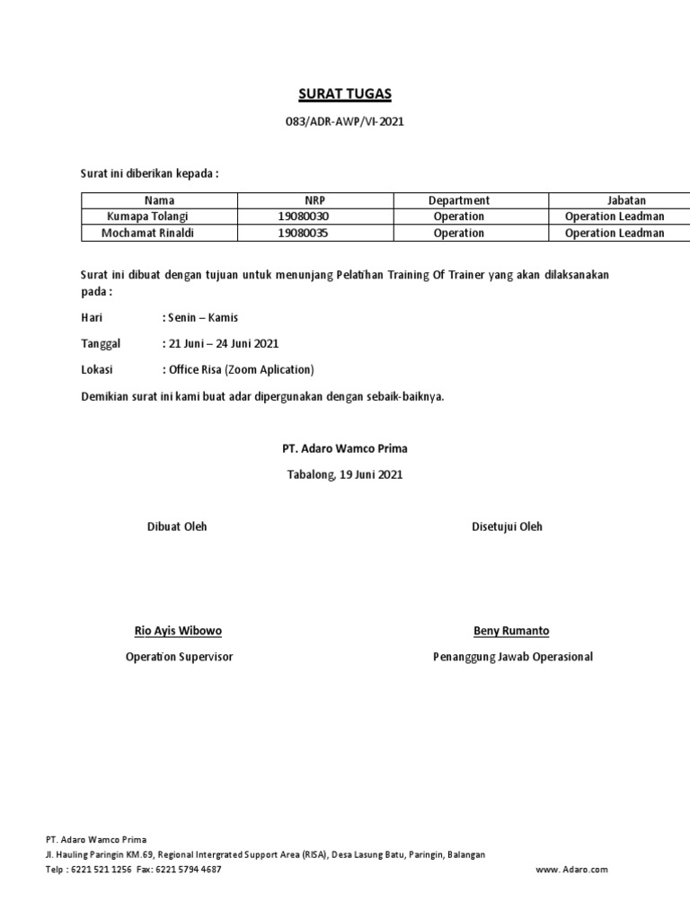 Surat Tugas Training Dan Job Desc | PDF