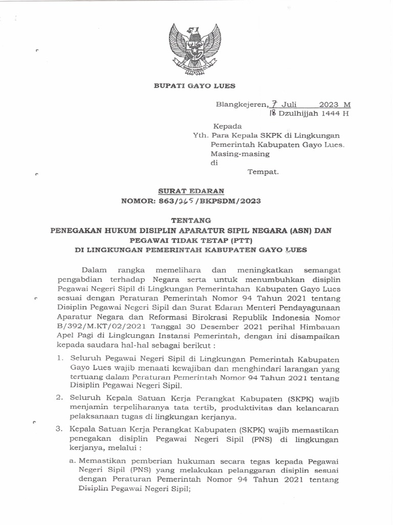 Surat Edaran Bupati Tentang Hukum Disiplin Asn | PDF