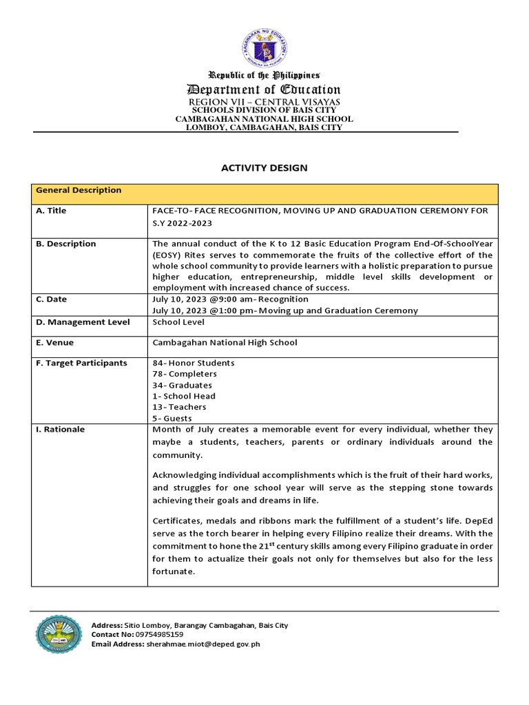 CAMBAGAHAN NHS Activity Design For Recognition Moving Up Graduation ...