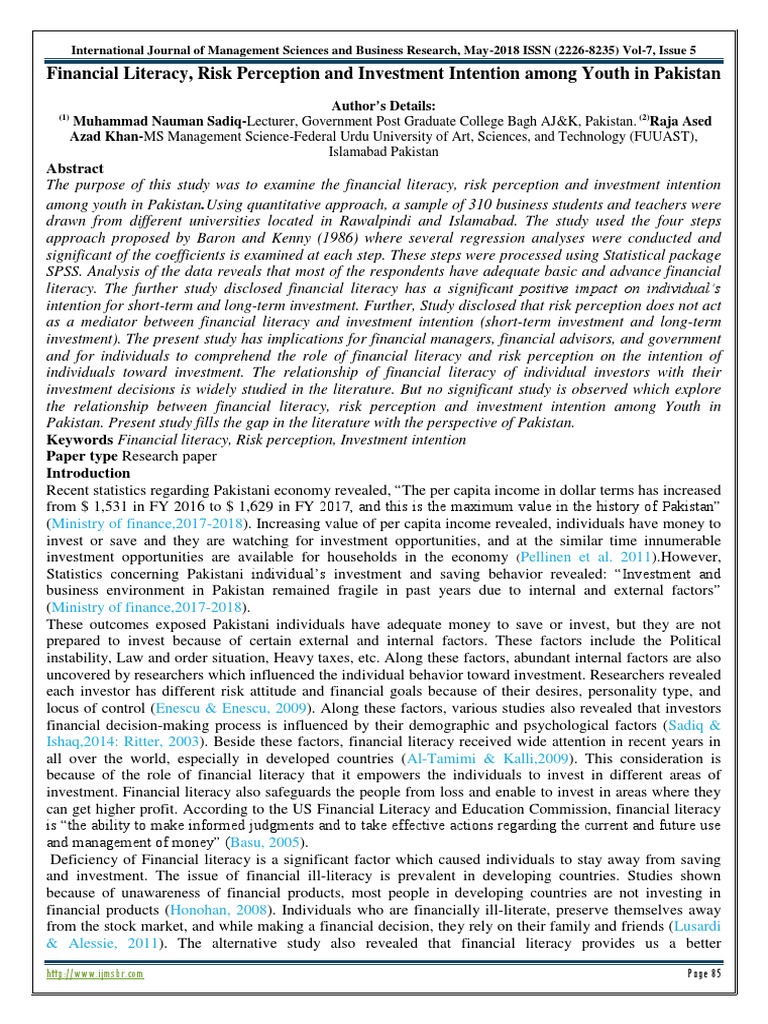 Financial Literacy Risk Perception and I | PDF | Risk | Investing