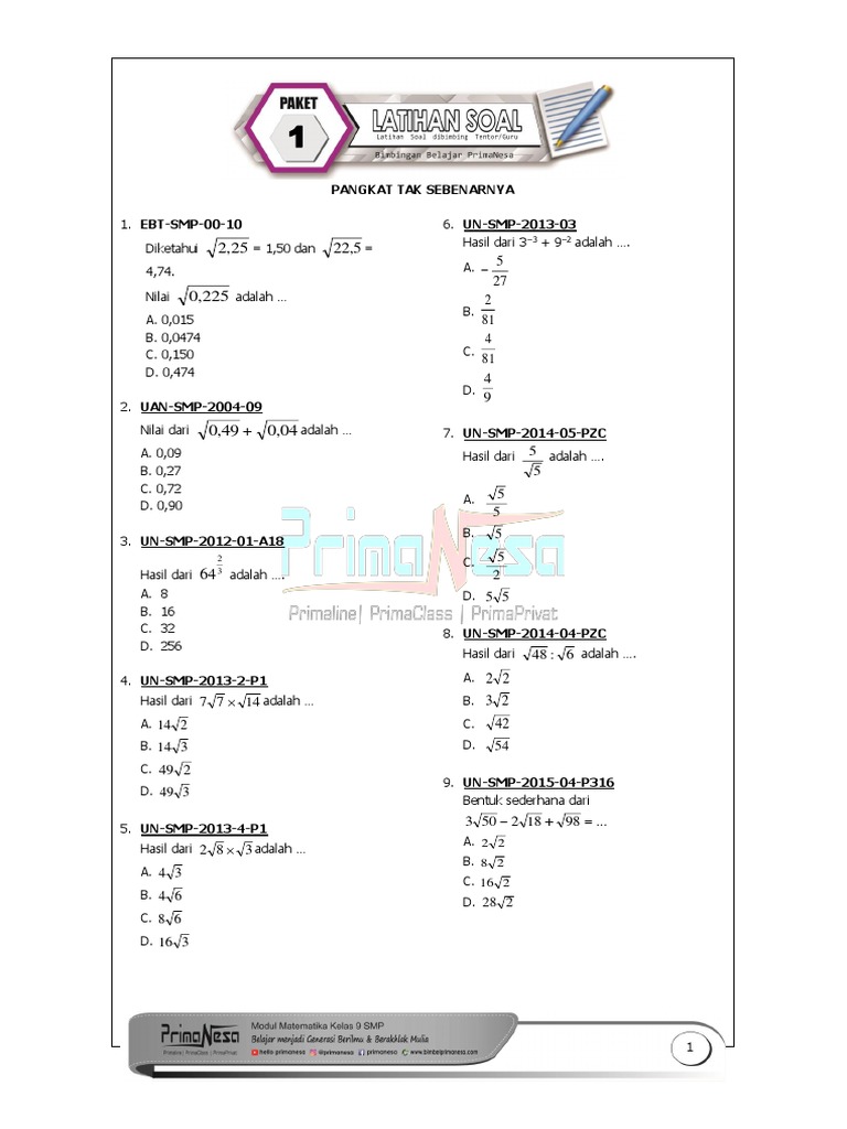 Soal Matematika SMP: Pangkat dan Operasi | PDF | Metode & Bahan Ajar