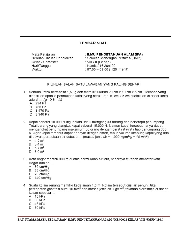 Soal Pat Ipa Kelas 8 Genap 22 CX | PDF | Sains & Matematika