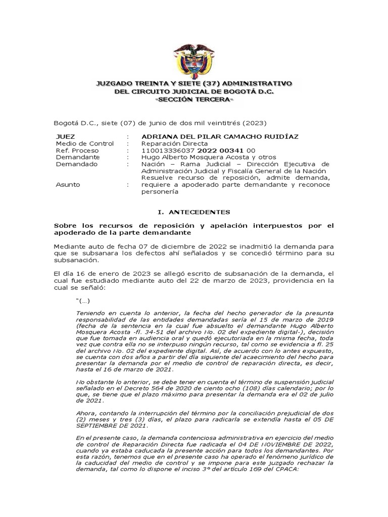 Auto Repone y Admite Demanda | PDF | Conflicto (proceso) | Separación de poderes