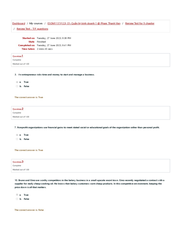 Review Test - T - F Questions - QTKD | Download Free PDF | Business ...