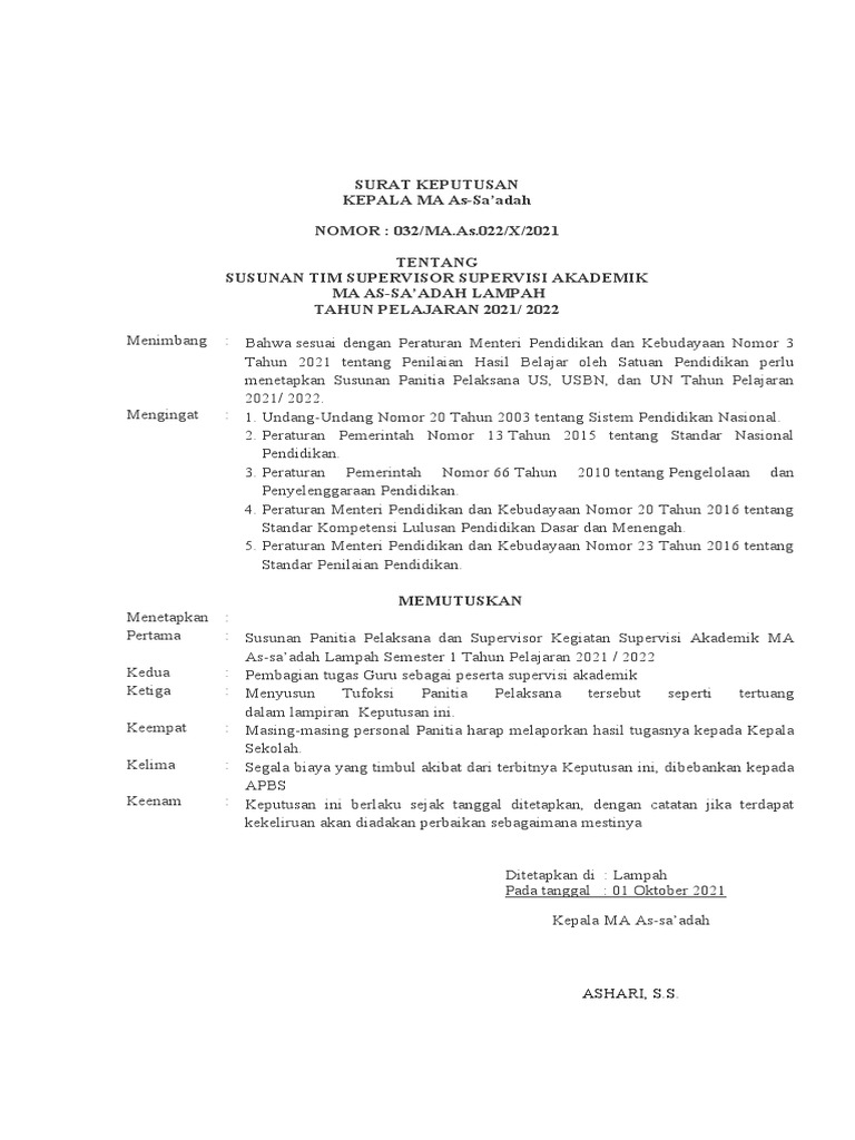 Surat Keputusan Tim Supervisi | PDF