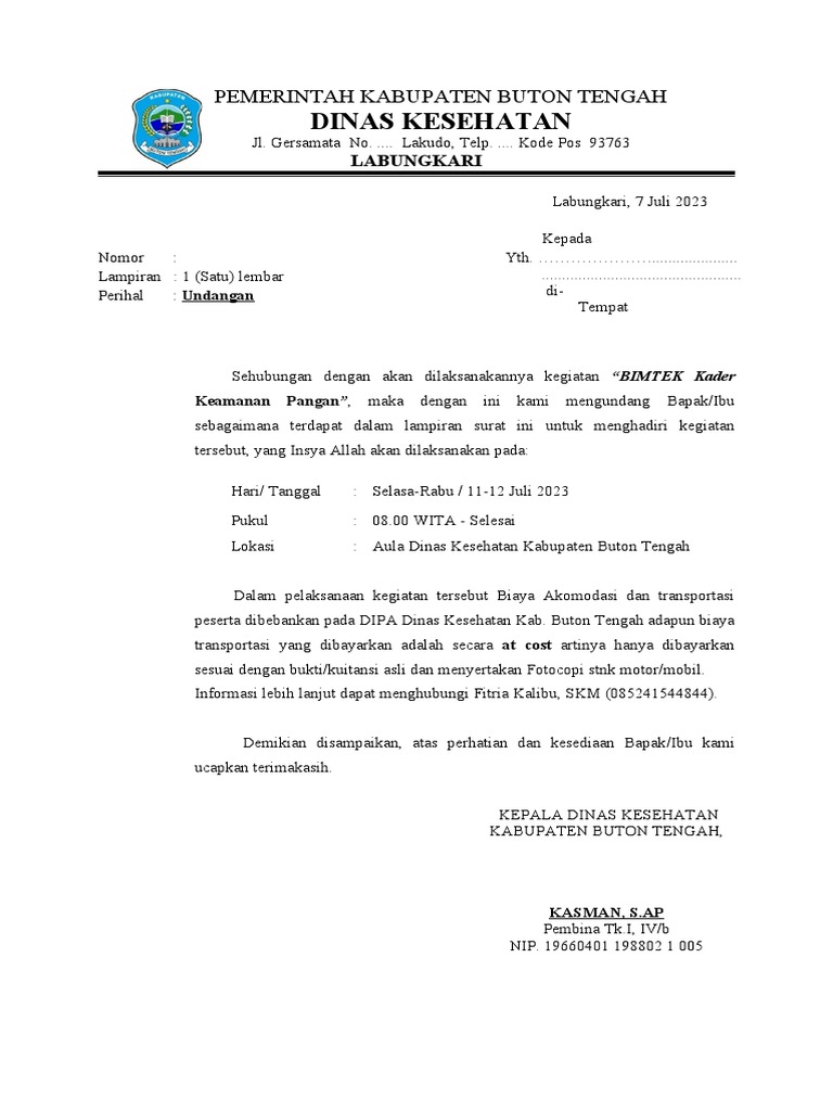 Surat Undangan Bimtek Kader Keamanan Pangan 2023 | PDF