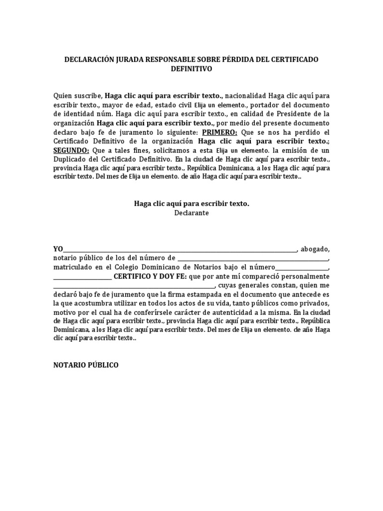Declaración Jurada: Pérdida de Certificado | PDF