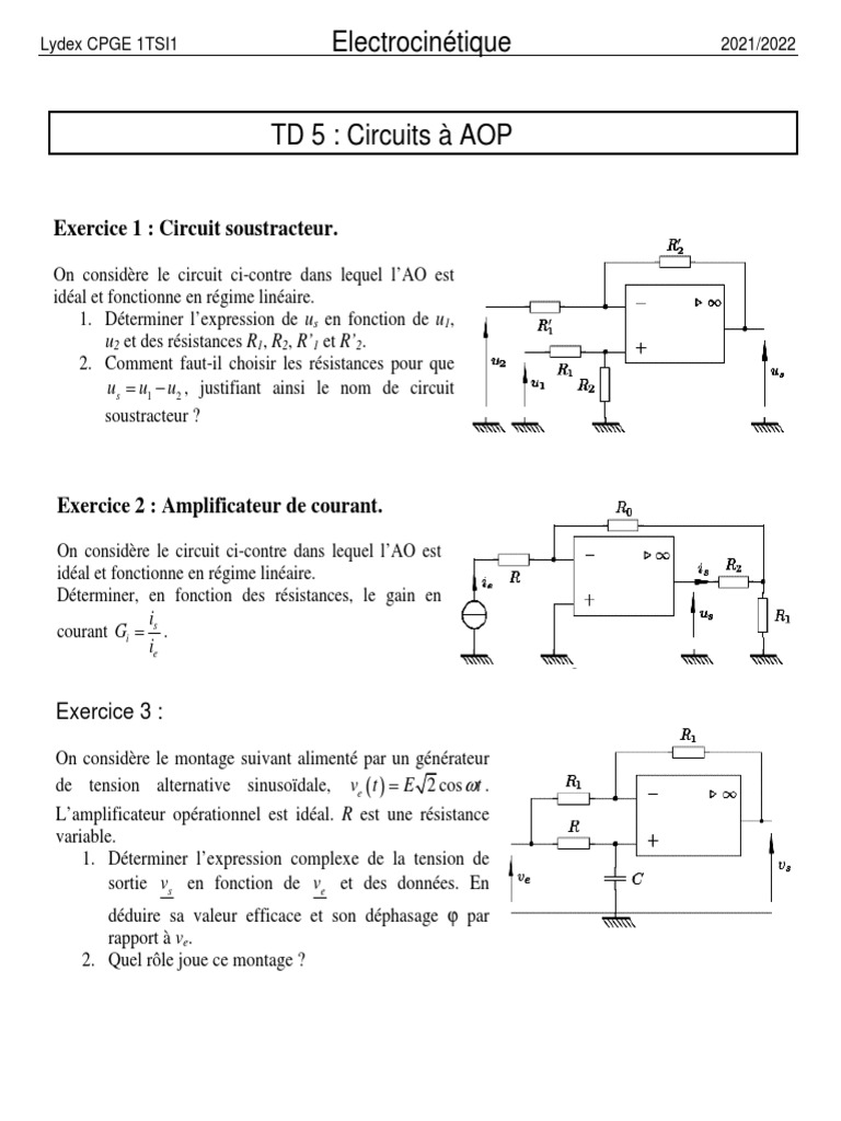 Exercice sur circuits soustracteurs AOP | PDF | Filtre (électronique ...