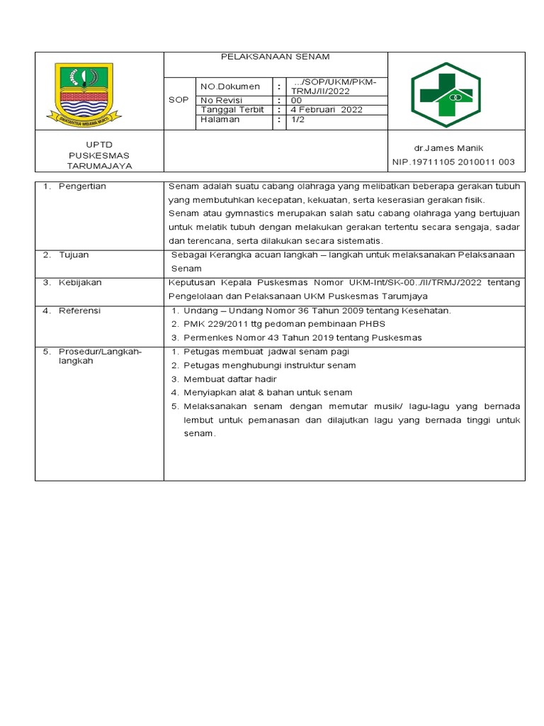 Sop Pelaksanaan Senam 22 | PDF