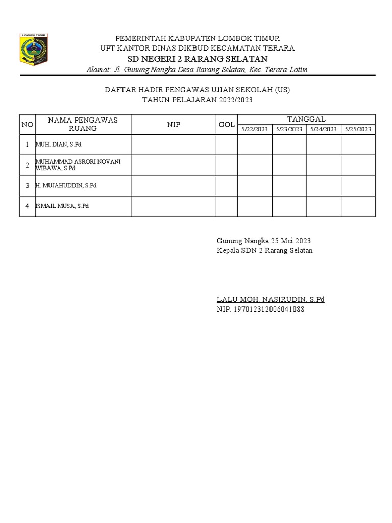 Daftar Hadir Pengawas Us 2023 | PDF