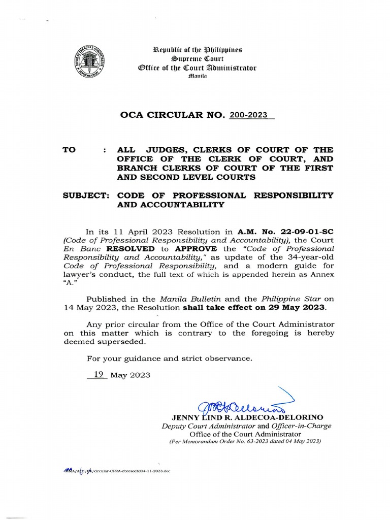 OCA Circular No. 200 2023 CANONS FOR LAWYER | PDF | Conflict Of ...