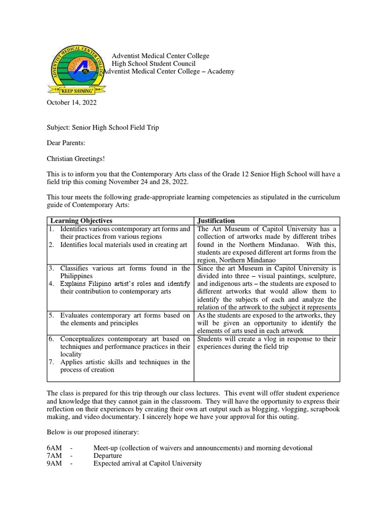 Field Trip Letter To Parents | PDF | The Arts | Cognitive Science