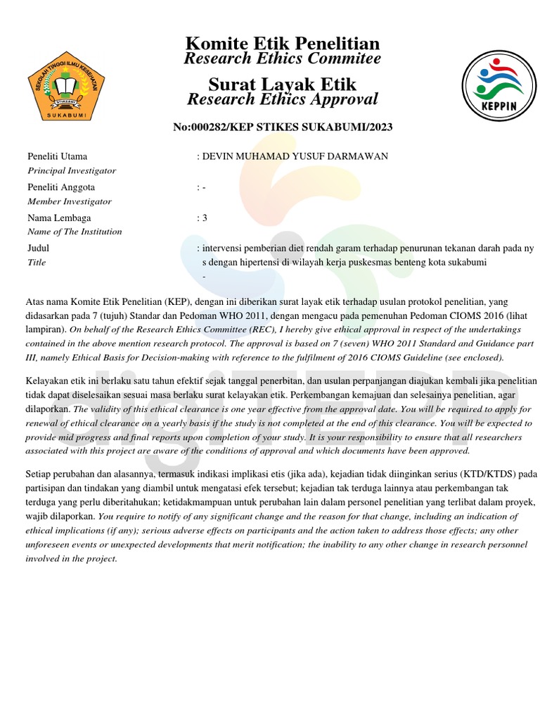Komite Etik Penelitian Surat Layak Etik: Research Ethics Commitee Research Ethics Approval | PDF