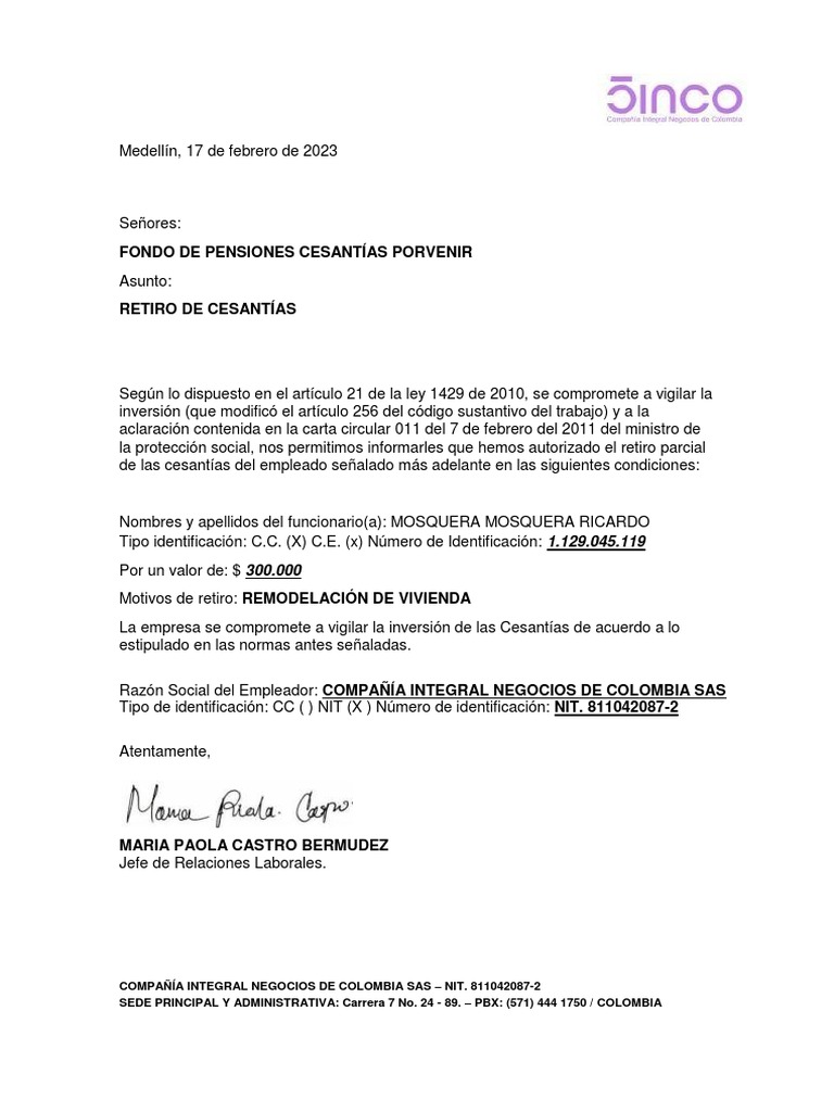 Carta Cesantias | PDF