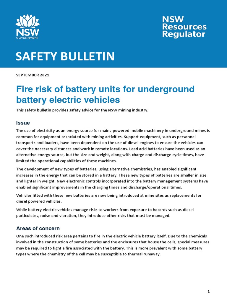Safety Bulletin Fire Risk of Battery Units For Underground Battery ...