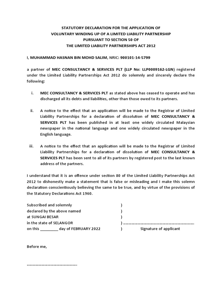 Statutory Declaration For The Application of | PDF | Business | Finance & Money Management