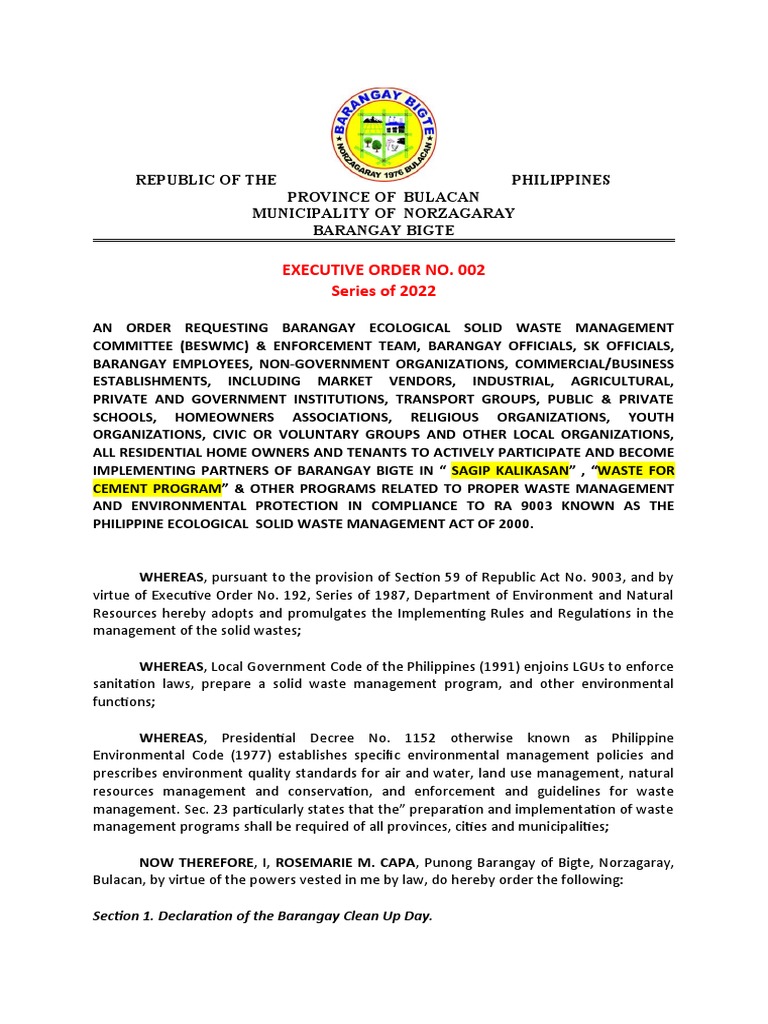 Barangay Bigte Waste Management Order | PDF | Waste Management ...