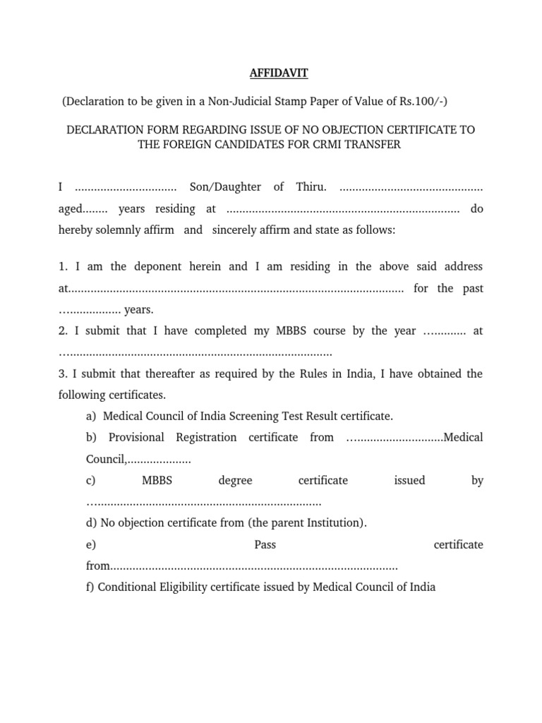 FMG-Affidavit For Issue of NOC-CRMI at Govt Medical College | PDF | Affidavit