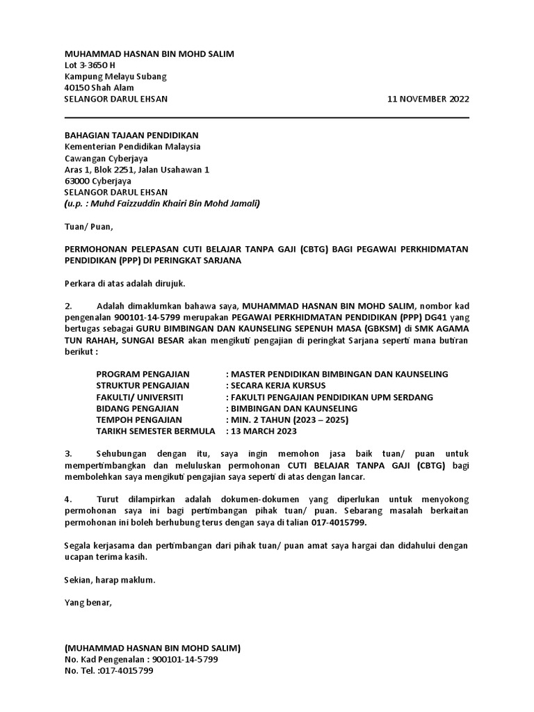 surat mohon cuti belajar | PDF