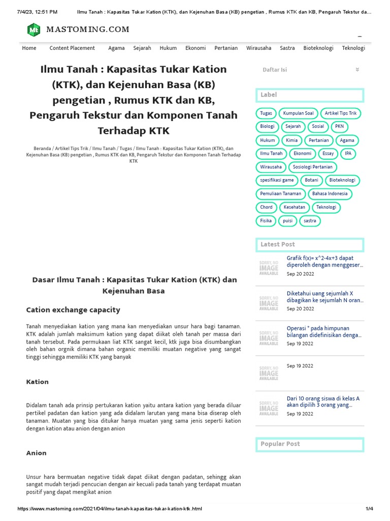 Ilmu Tanah - Kapasitas Tukar Kation (KTK), Dan Kejenuhan Basa (KB) Pengetian, Rumus KTK Dan KB ...