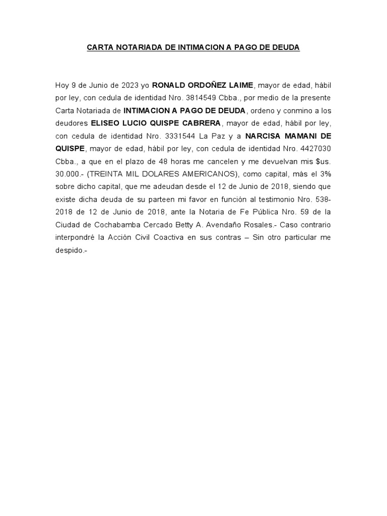 Carta Notariada de Intimacion a Pago de Deuda (3) | PDF