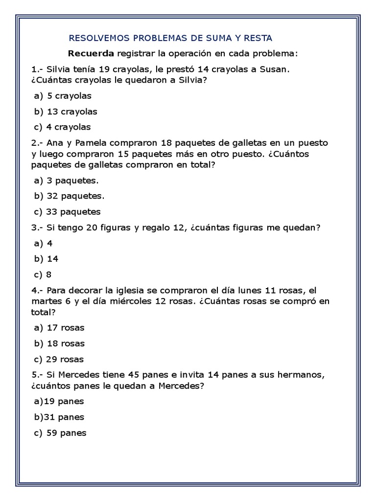 Ficha de Problemas de Suma y Resta | PDF