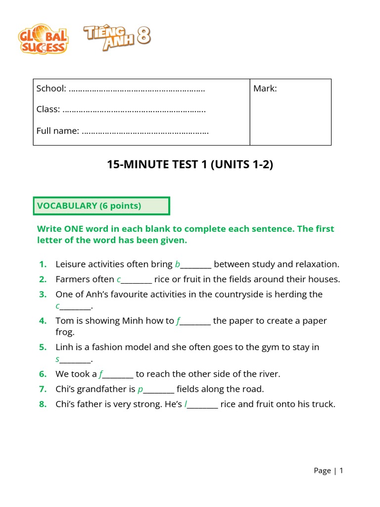 15-Minute Test 1 (Semester 1) | PDF