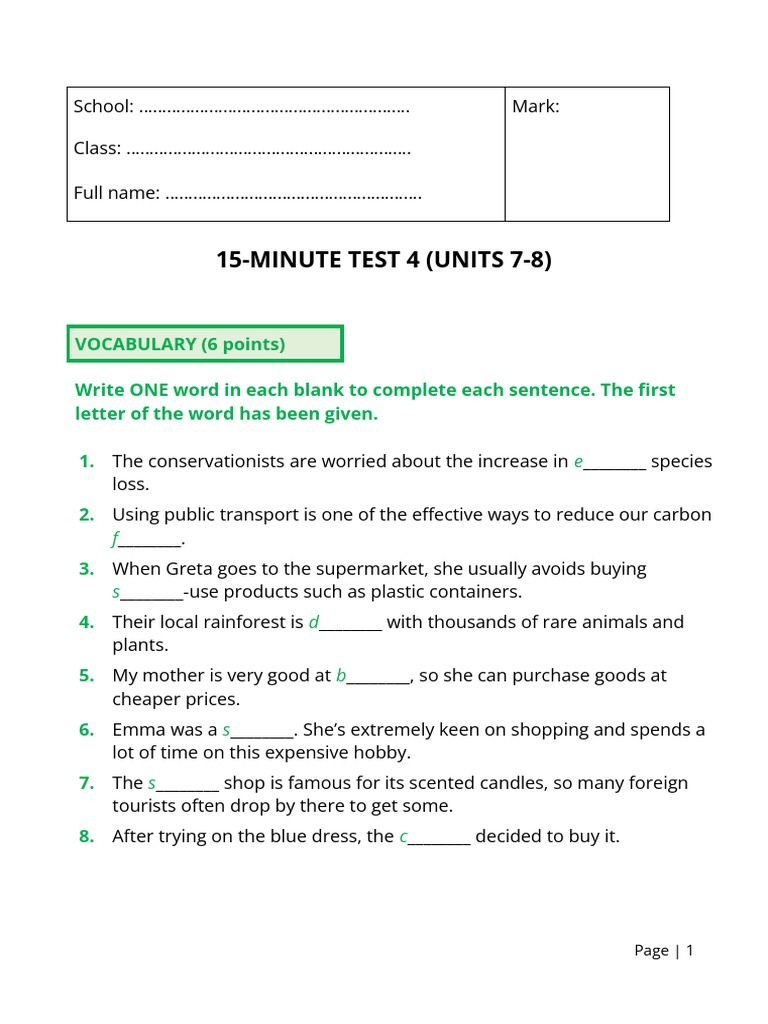 15-Minute Test 4 (Semester 2) | PDF | Home & Garden | Art