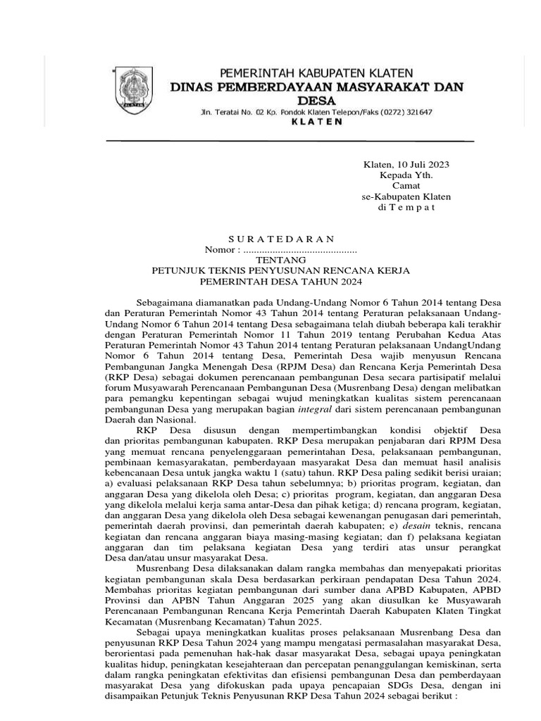 Surat Edaran Penyusunan Rkpdes 2024 | PDF