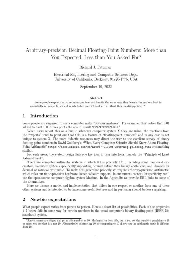 Arbitrary Precision Decimal Floating Point Numbers Pdf Decimal Numbers 