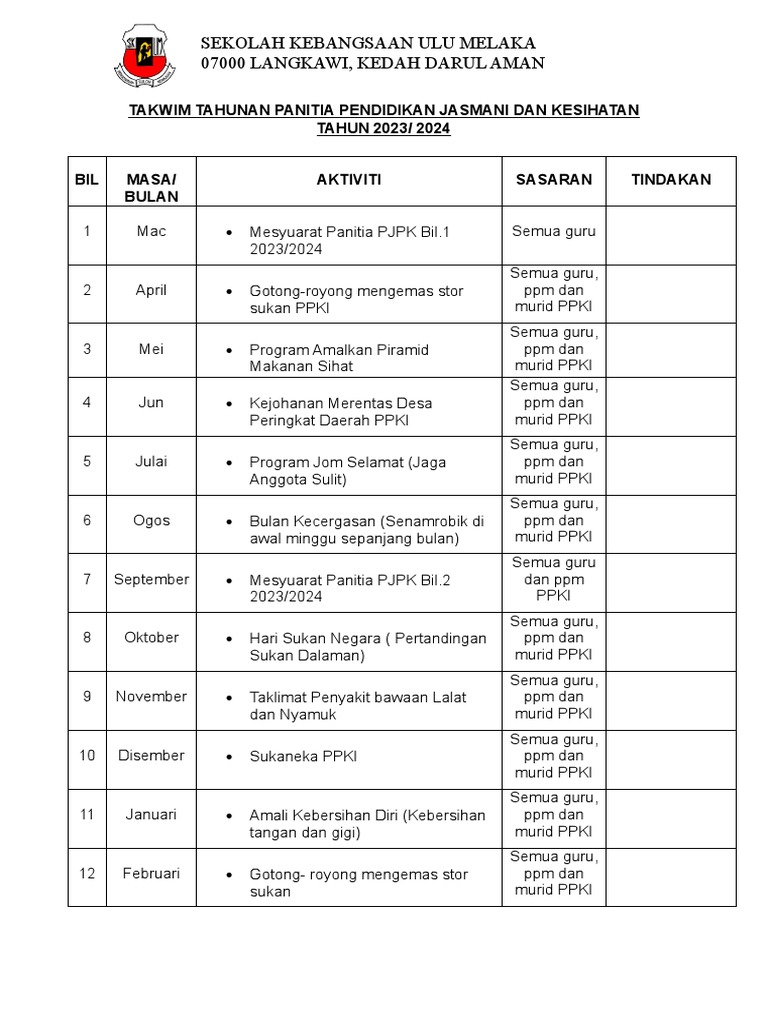 Takwim Tahunan Panitia PJPK | PDF