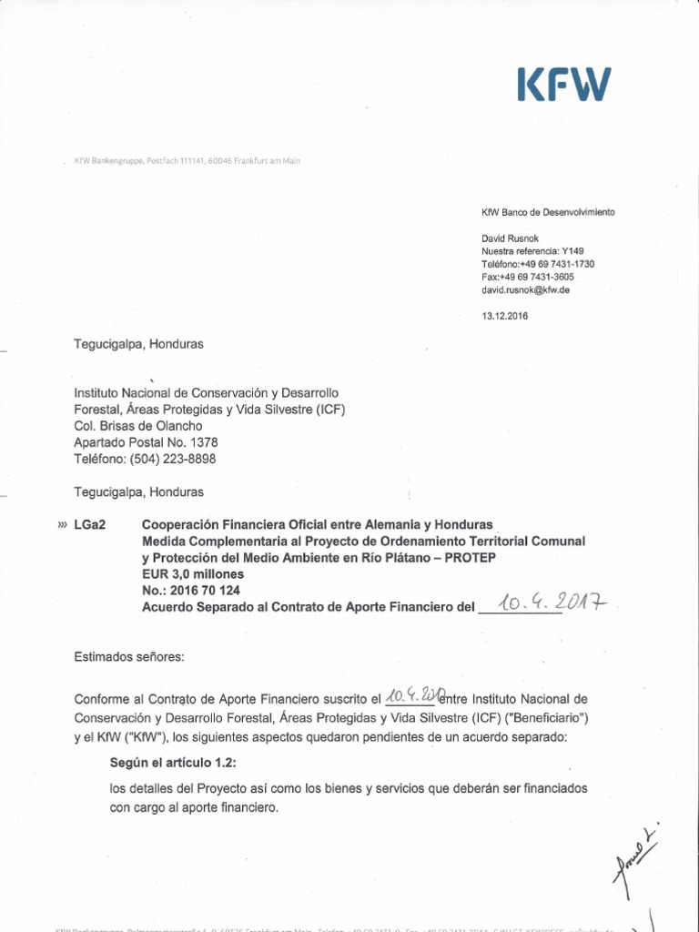 Acuerdo Separarado de Contrato de Aporte Financiero KFW ICF | PDF