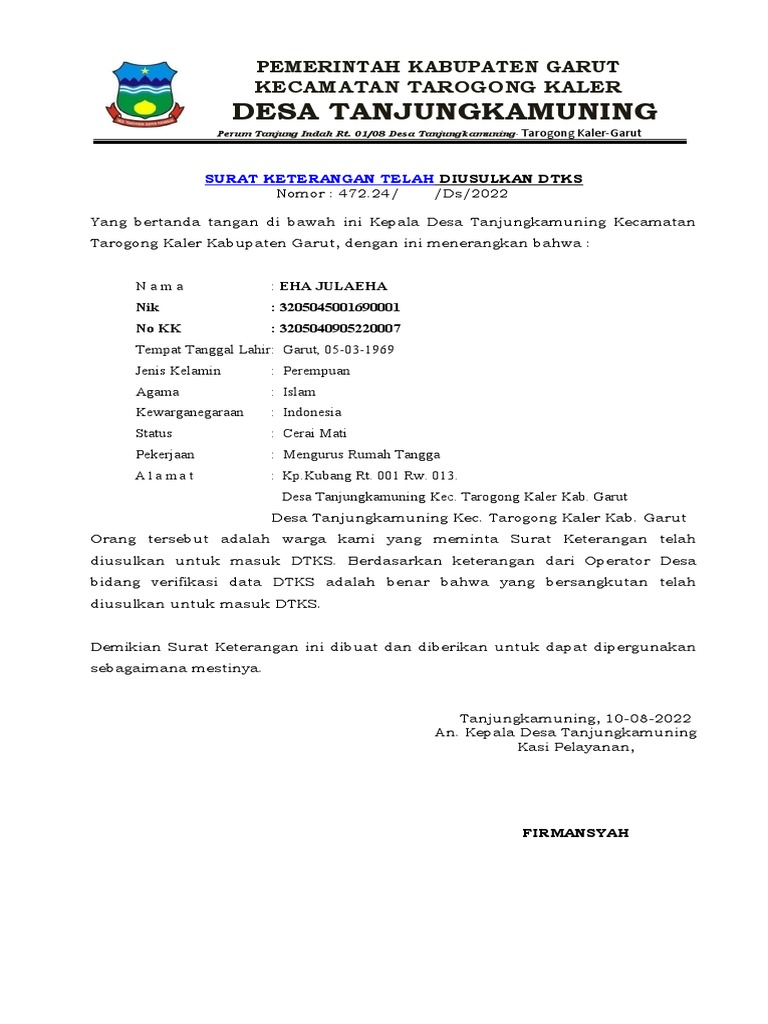 Surat Keterangan Telah Diusukan DTKS | PDF