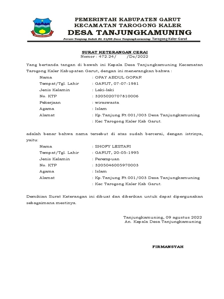 Surat Keterangan Cerai dari Desa | PDF