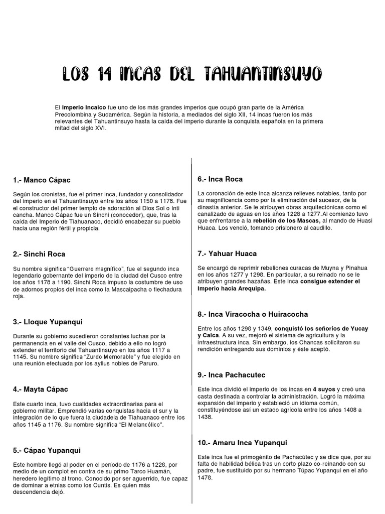 Los 14 Incas Del Tahuantinsuyo | Descargar gratis PDF | Imperio Inca | Perú