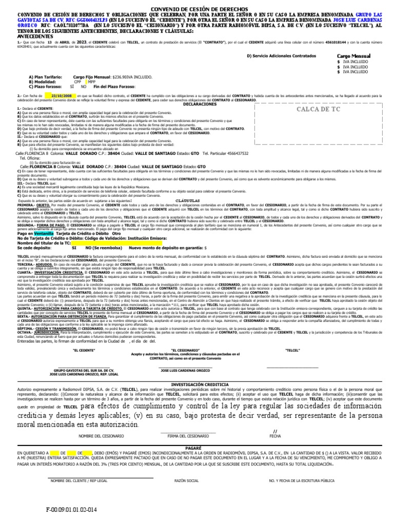 Formato Cesion de Derechos | Descargar gratis PDF | Tarjeta de débito