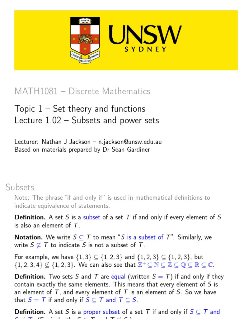 Lecture 1.02 - Subsets and Power Sets | PDF | Set (Mathematics) | If ...