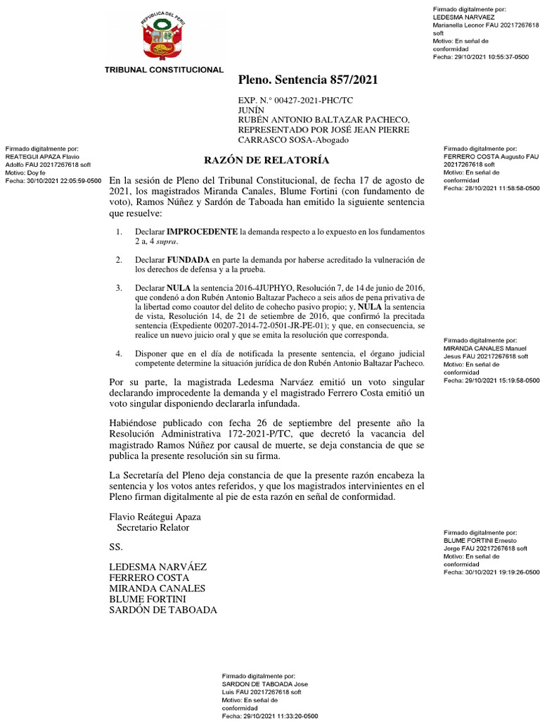 STC 427-2021-HC. Prueba Trasladada | PDF | Sentencia (ley) | Habeas corpus