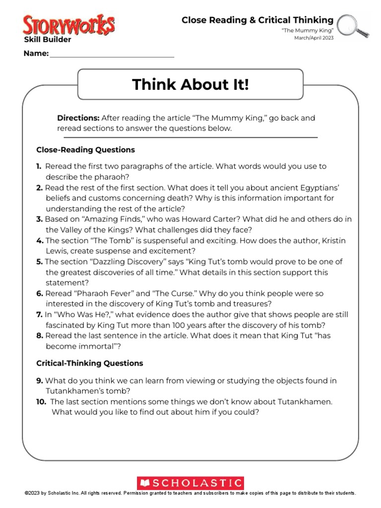 The Mummy King Close Reading Questions | PDF