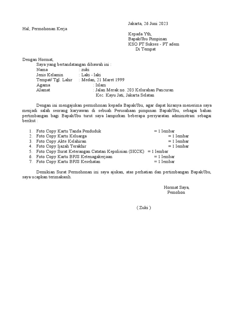 contoh surat lamaran kerja sederhana | PDF