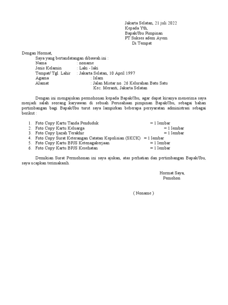 Surat Lamaran Kerja Simpel | PDF