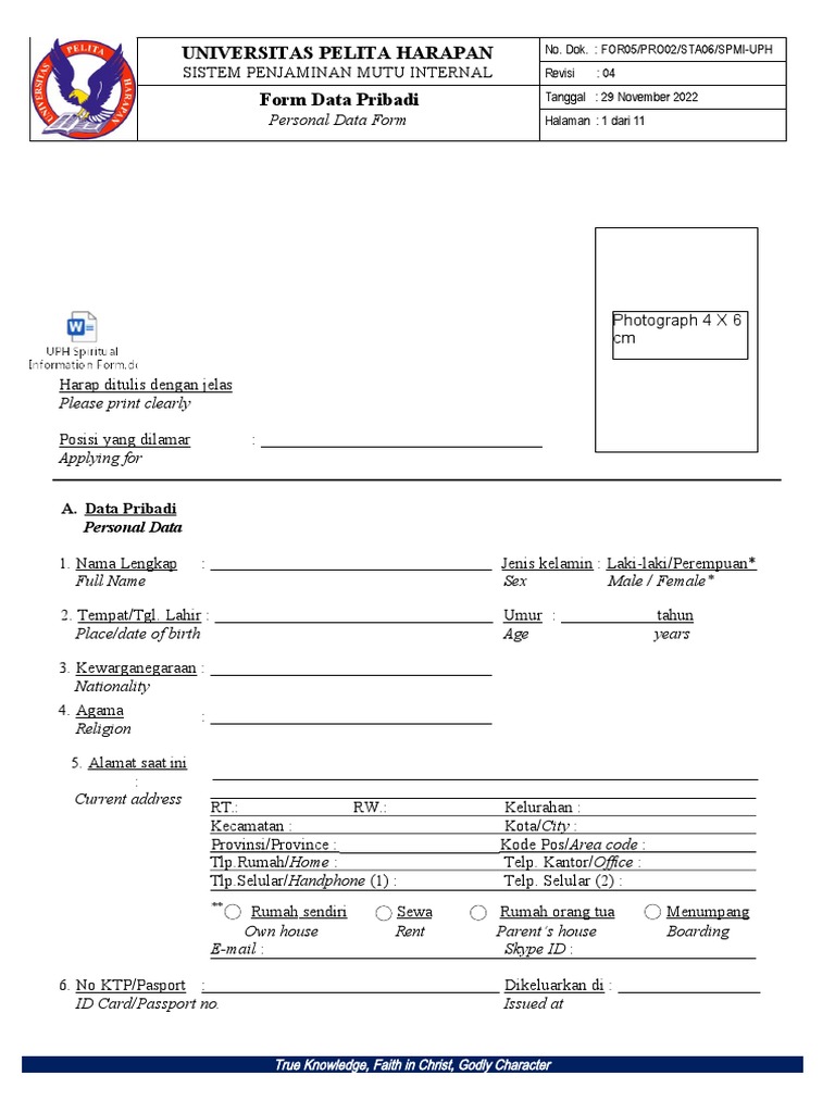 UPH Personal Data Form | PDF