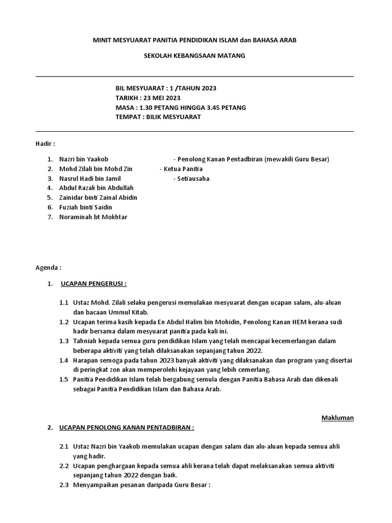 MINIT MESYUARAT PANITIA PENDIDIKAN ISLAM Kali 1 2023 | PDF