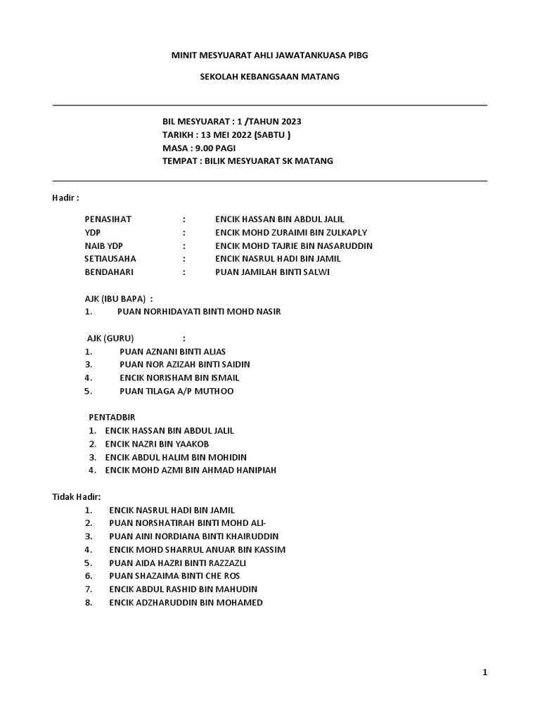 MINIT MESYUARAT AHLI JAWATANKUASA PIBG KALI PERTAMA 2023 | PDF