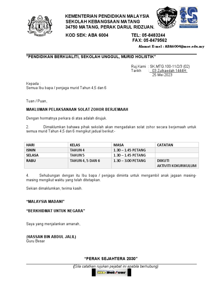 Surat Makluman Solat Zohor 2023 | PDF